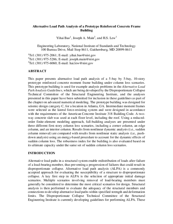 Alternative Load Path Analysis Of A Prototype Reinforced Concrete Frame Building