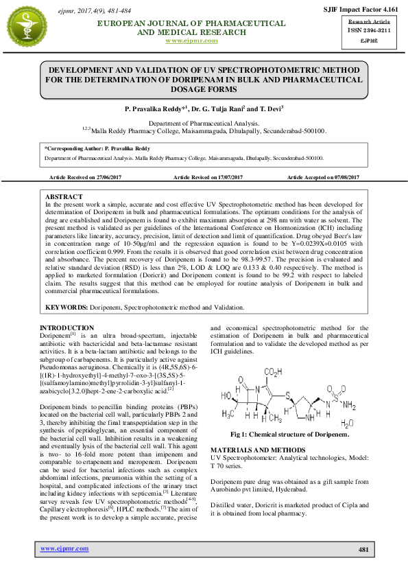 Pdf Development And Validation Of Uv Spectrophotometric Method For The Determination Of