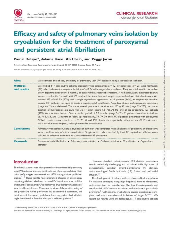 (PDF) Efficacy and safety of pulmonary veins isolation by cryoablation for the treatment of ...