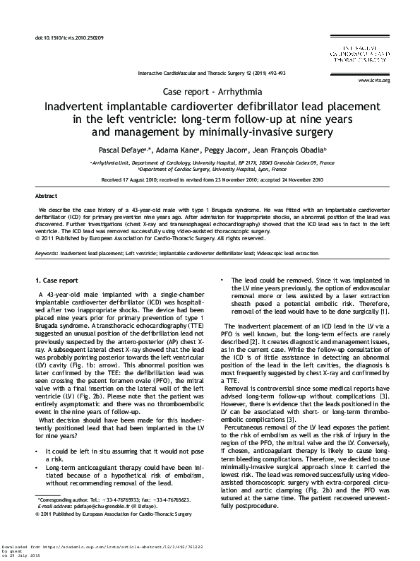 (PDF) Inadvertent implantable cardioverter defibrillator lead placement ...
