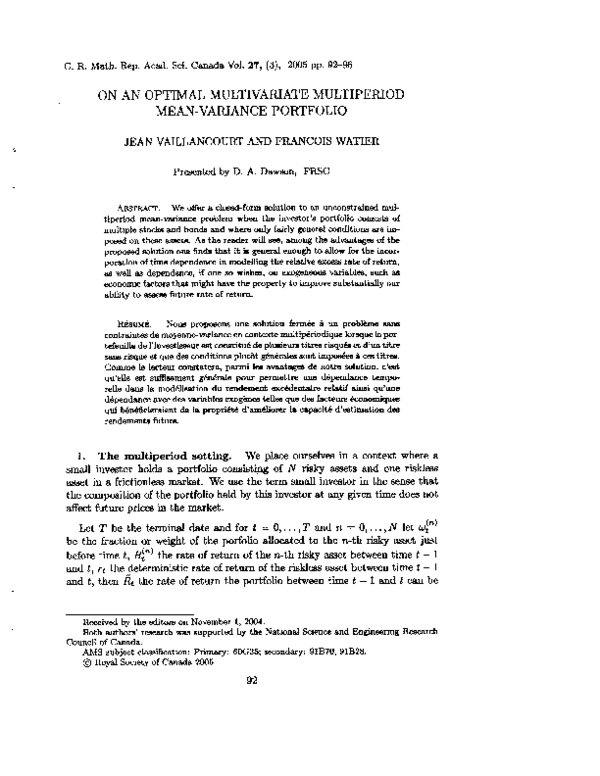 Pdf On An Optimal Multivariate Multiperiod Mean Variance Portfolio Francois Watier