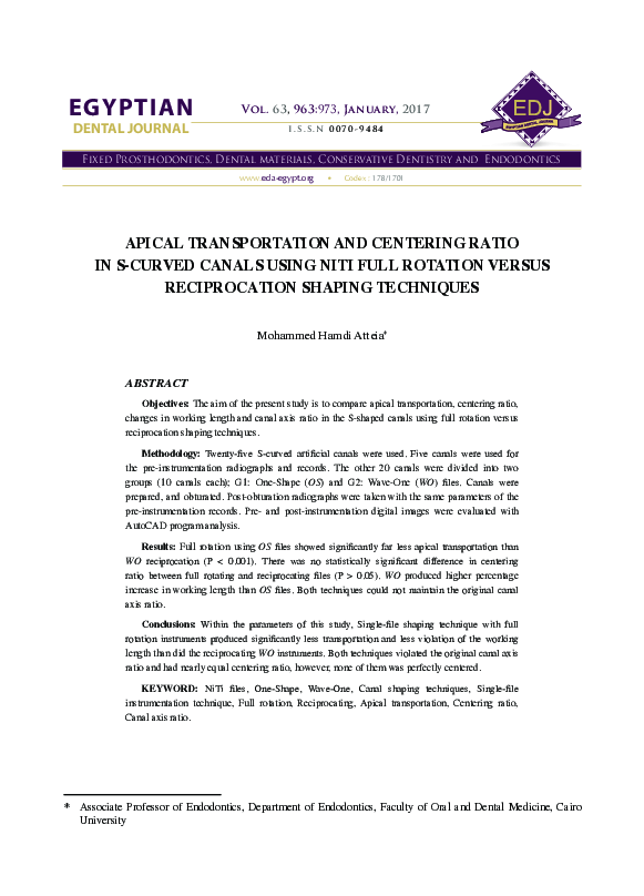 (PDF) Apical Transportation and Centering Ratio in S-Curved Canals ...