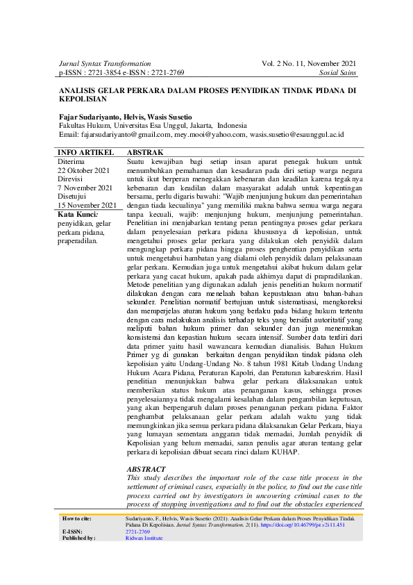 (PDF) Analisis Gelar Perkara dalam Proses Penyidikan Tindak Pidana Di Kepolisian