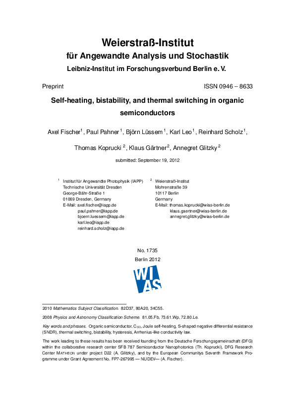 (PDF) Self-Heating, Bistability, and Thermal Switching in Organic ...