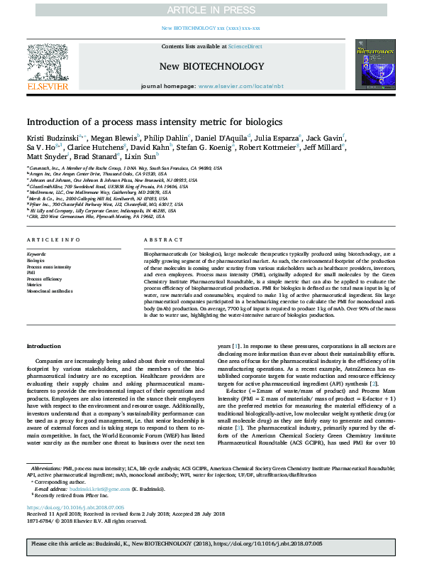 (PDF) Introduction of a process mass intensity metric for biologics