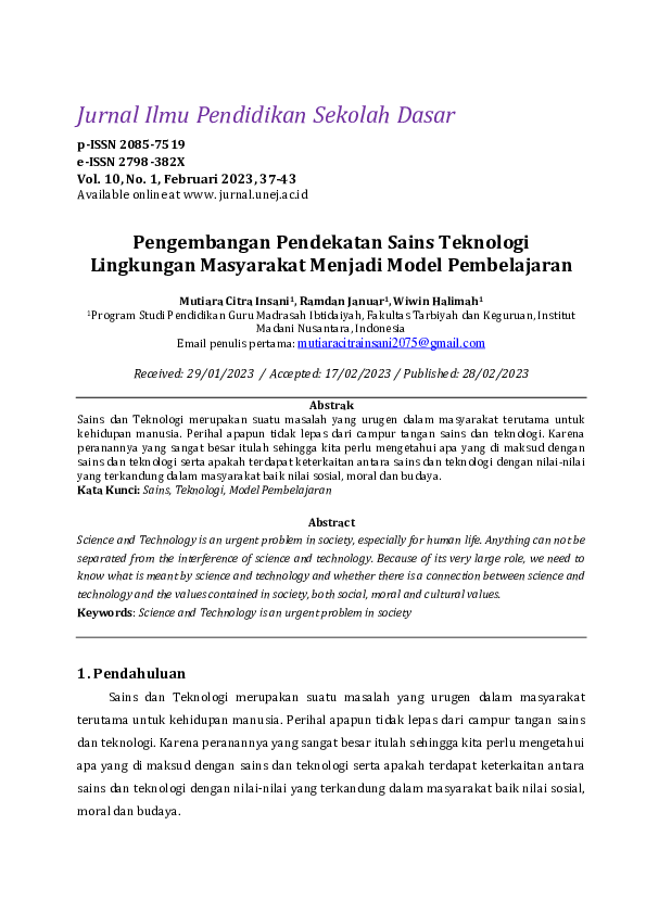 (PDF) Pengembangan Pendekatan Sains Teknologi Masyarakat menjadi Model Pembelajaran