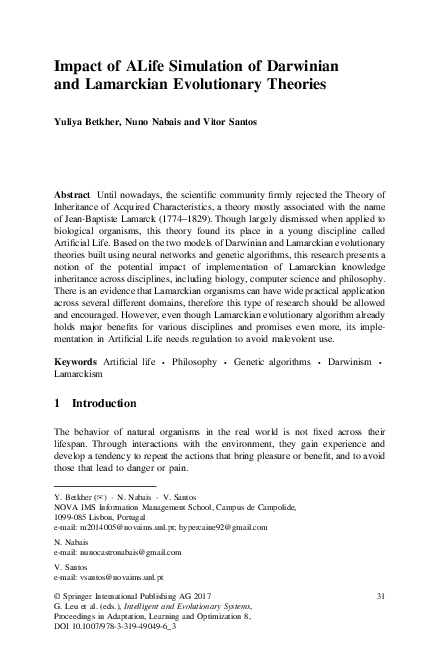 (PDF) Impact of ALife Simulation of Darwinian and Lamarckian ...