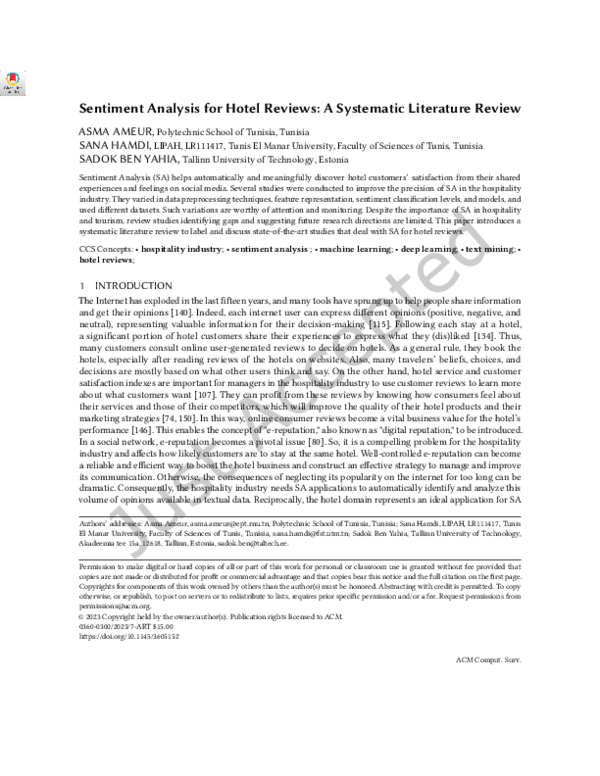 (PDF) Sentiment Analysis for Hotel Reviews: A Systematic Literature Review