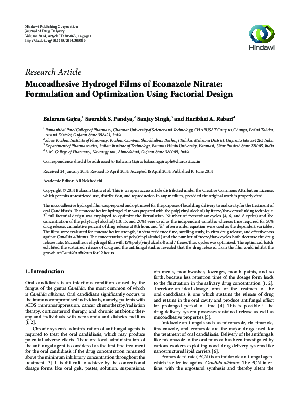 (PDF) Mucoadhesive Hydrogel Films of Econazole Nitrate: Formulation and Optimization Using ...