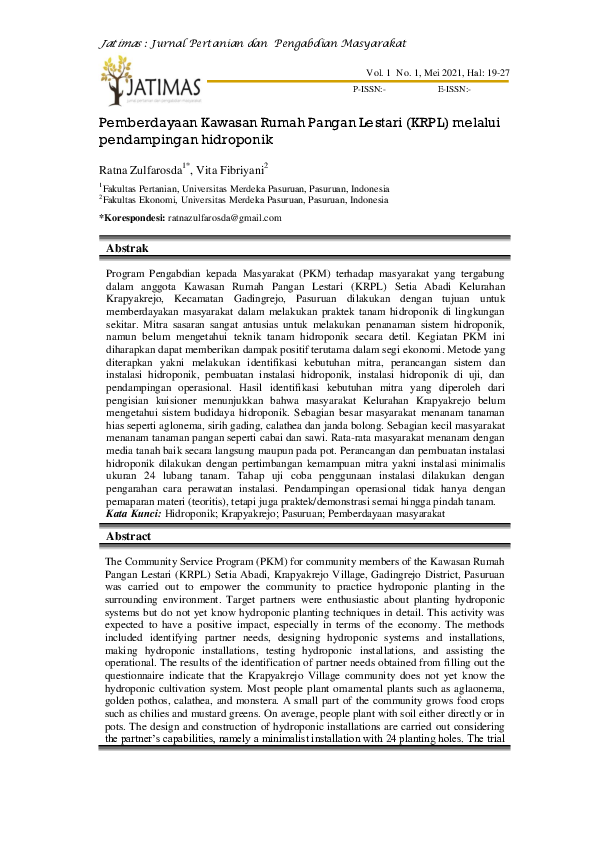 (PDF) Pemberdayaan Kawasan Rumah Pangan Lestari (KRPL) Melelui Pendampingan Hidroponik | Vita ...