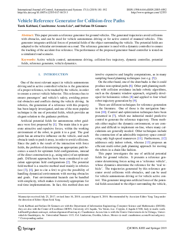 (PDF) Vehicle Reference Generator for Collision-free Paths