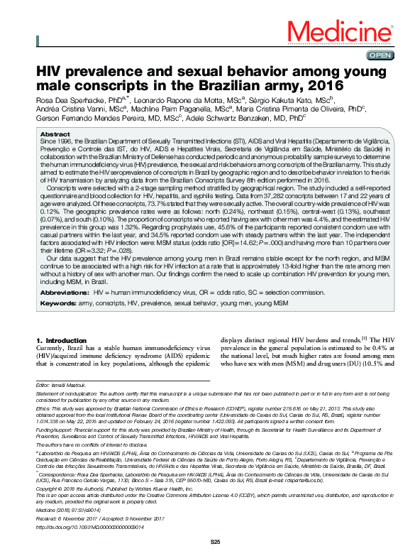 (PDF) HIV prevalence and sexual behavior among young male conscripts in the Brazilian army, 2016 ...