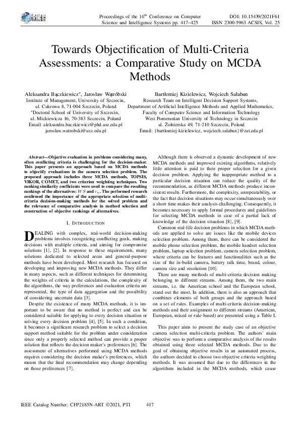 (PDF) Comparative Study of MCDA Methods for Evaluation