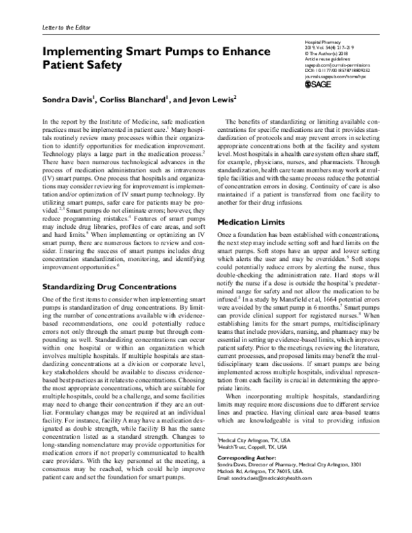 (PDF) Implementing Smart Pumps to Enhance Patient Safety