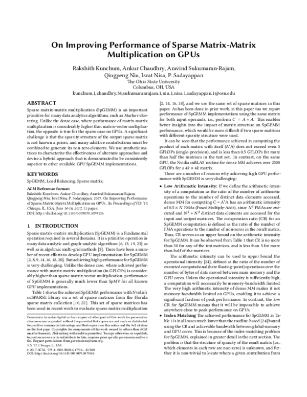 (PDF) On improving performance of sparse matrix-matrix multiplication on GPUs
