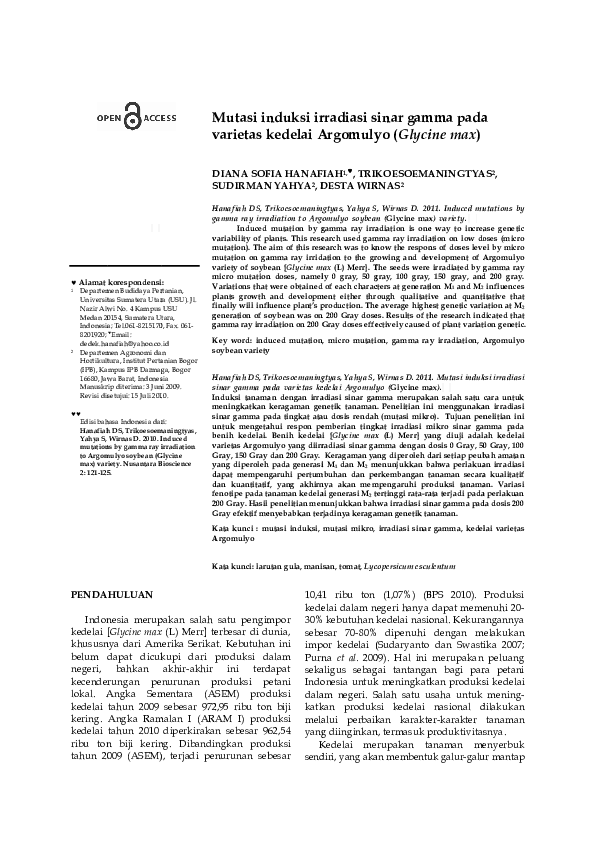 (PDF) Mutasi induksi irradiasi sinar gamma pada varietas kedelai Argomulyo (Glycine max)