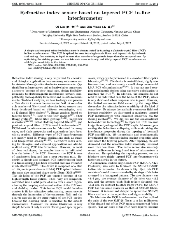 (PDF) Refractive index sensor based on tapered PCF in-line interferometer