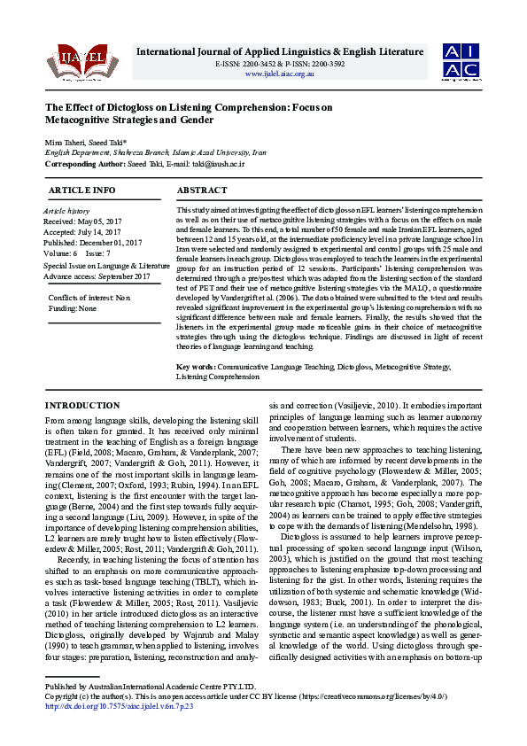 (PDF) The Effect of Dictogloss on Listening Comprehension: Focus on ...