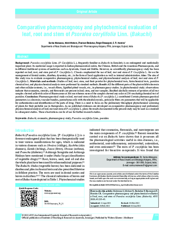 (PDF) Comparative pharmacognosy and phytochemical evaluation of leaf, root and stem of Psoralea ...