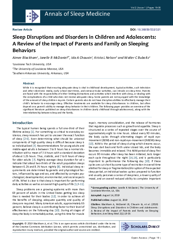 (PDF) Sleep Disruptions and Disorders in Children and Adolescents: A ...