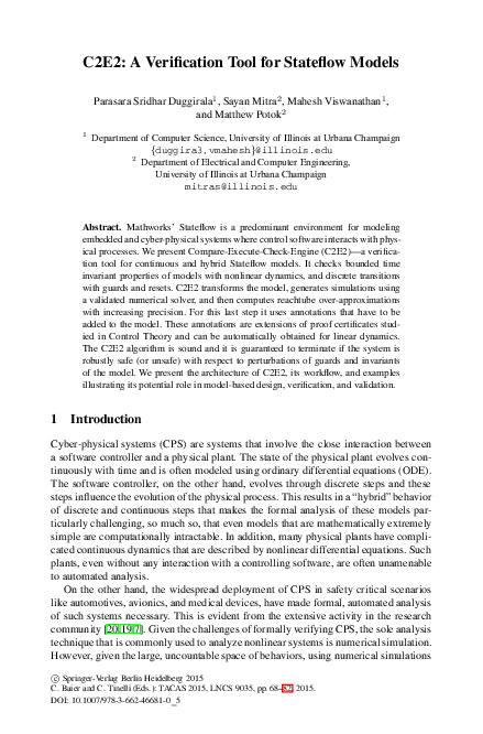 (PDF) C2E2: A Verification Tool for Stateflow Models