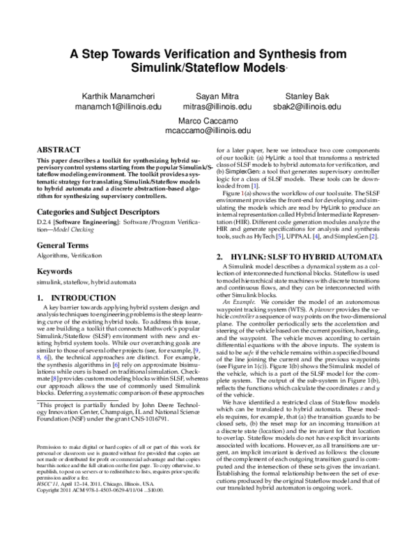 (PDF) A step towards verification and synthesis from simulink/stateflow models