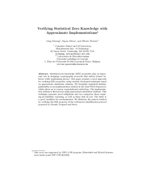 (PDF) Verifying Statistical Zero Knowledge with Approximate Implementations?