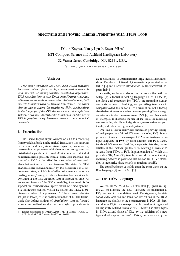 (PDF) Specifying and Proving Timing Properties With TIOA Tools