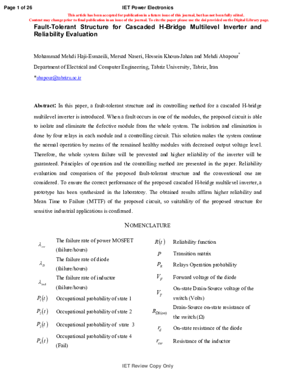 Pdf Fault‐tolerant Structure For Cascaded H‐bridge Multilevel Inverter And Reliability Evaluation
