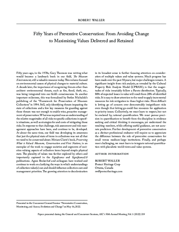 (PDF) Fifty Years of Preventive Conservation: From Avoiding Change to ...