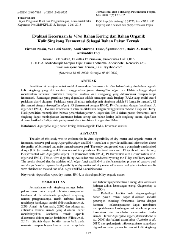(PDF) Evaluasi Kecernaan In Vitro Bahan Kering dan Bahan Organik Kulit Singkong Fermentasi ...