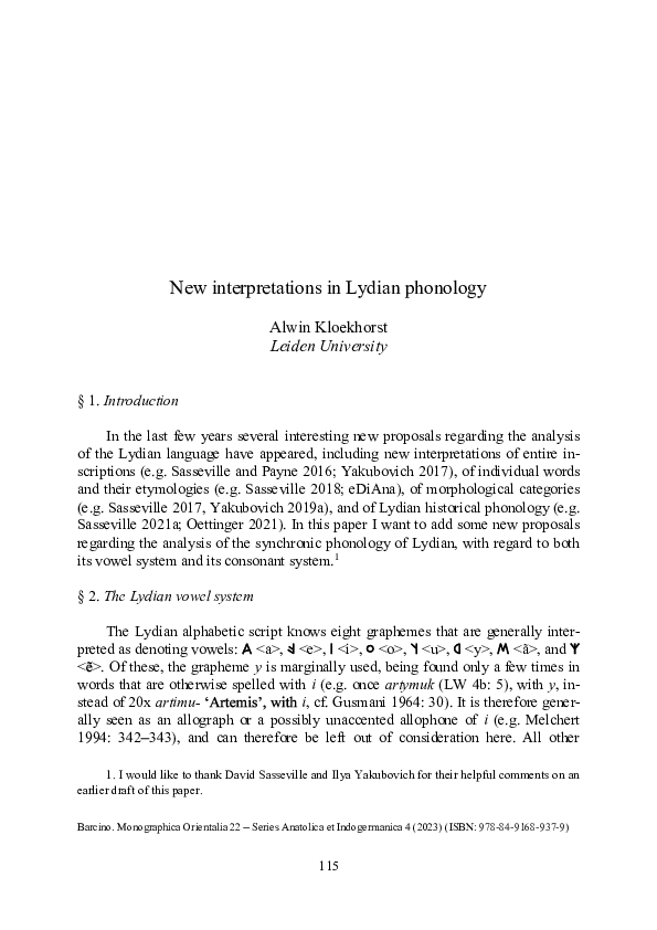 (PDF) New interpretations in Lydian phonology [2023]