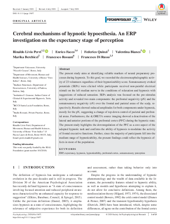 (PDF) Cerebral mechanisms of hypnotic hypoesthesia. An ERP ...