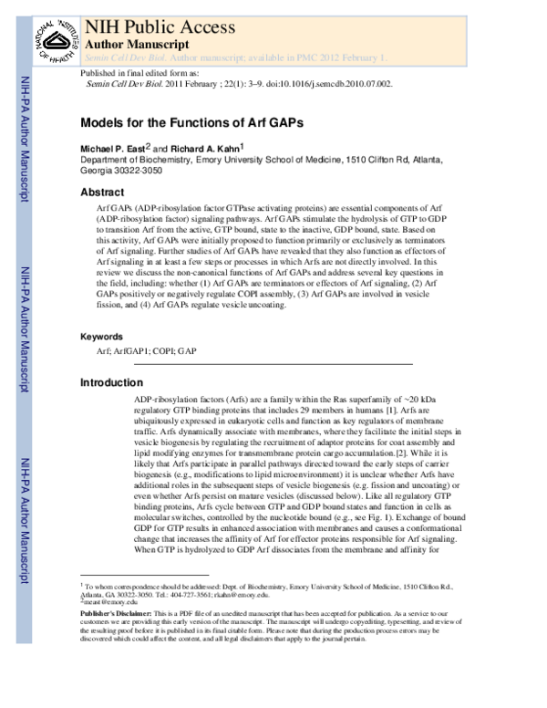 (PDF) Models for the functions of Arf GAPs