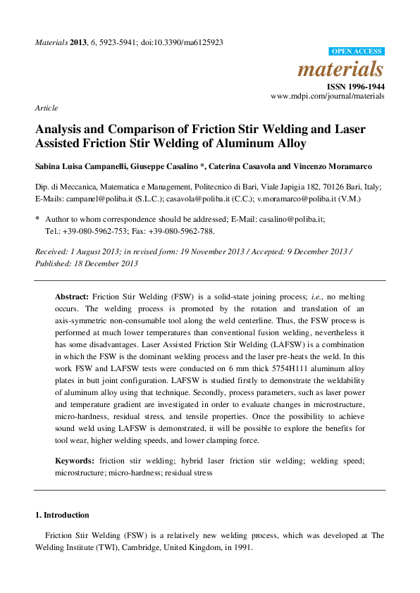 (PDF) Analysis and Comparison of Friction Stir Welding and Laser ... (PDF) Analysis and Comparison of Friction Stir Welding and Laser ...