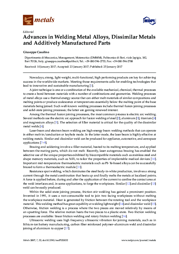 (PDF) Advances in Welding Metal Alloys, Dissimilar Metals and ...