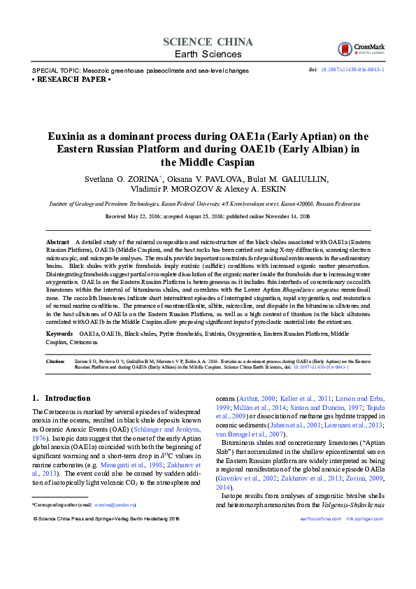 (PDF) Euxinia as a dominant process during OAE1a (Early Aptian) on the ...