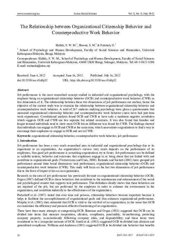 (PDF) The Relationship between Organizational Citizenship Behavior and Counterproductive Work ...