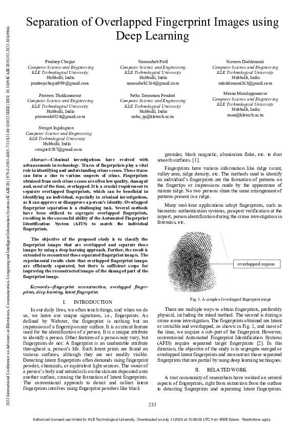 (PDF) Separation of Overlapped Fingerprint Images using Deep Learning