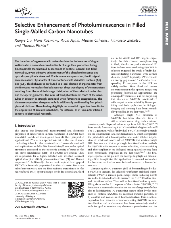 (PDF) Selective Enhancement of Photoluminescence in Filled Single-Walled Carbon Nanotubes