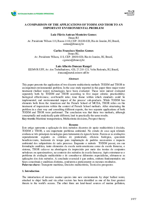 (PDF) A Comparison of the Applications of Todim and Thor to an Important Environmental Problem