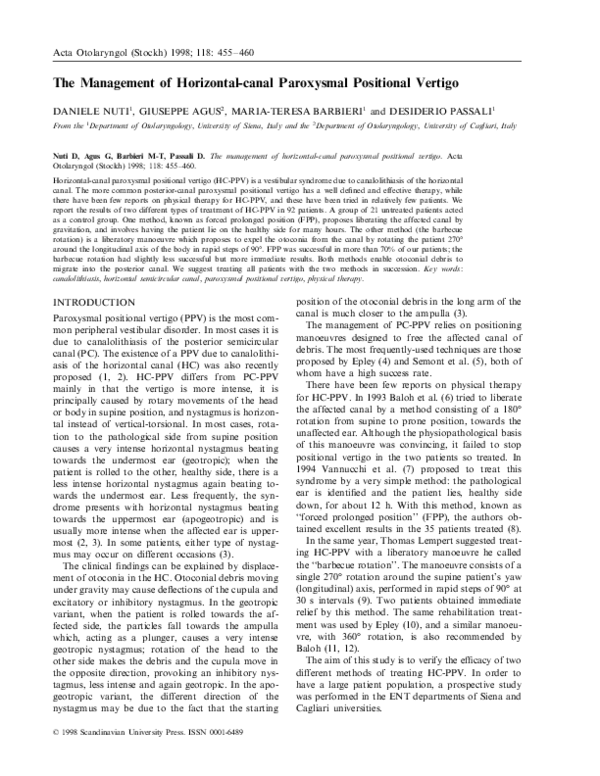 (PDF) The Management of Horizontal-canal Paroxysmal Positional Vertigo