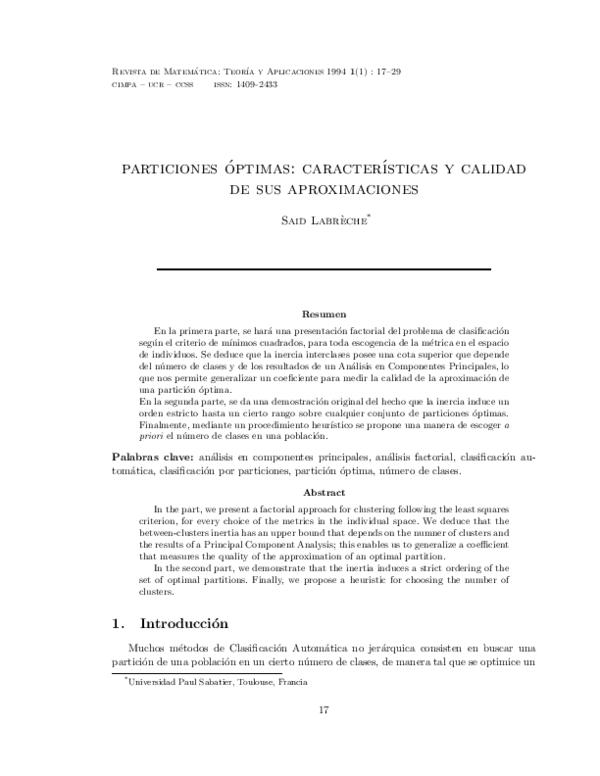 (PDF) Particiones óptimas: características y calidad de sus aproximaciones