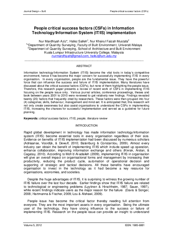 (PDF) People critical success factors (CSFs) in Information Technology/Information System (IT/IS ...