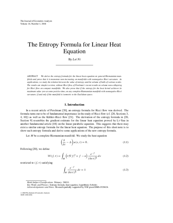 (PDF) The entropy formula for linear heat equation | Lei Ni - Academia.edu
