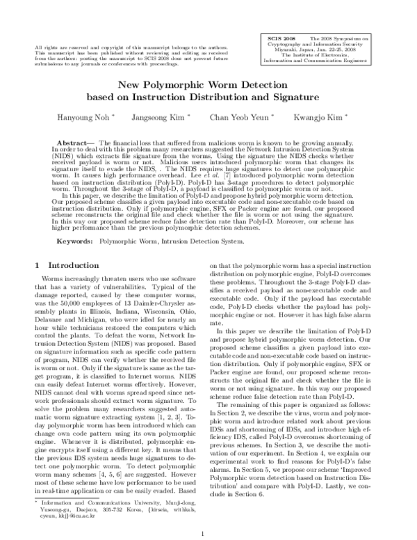 Pdf New Polymorphic Worm Detection Based On Instruction Distribution And Signature
