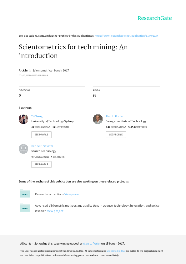 (PDF) Scientometrics for tech mining: an introduction