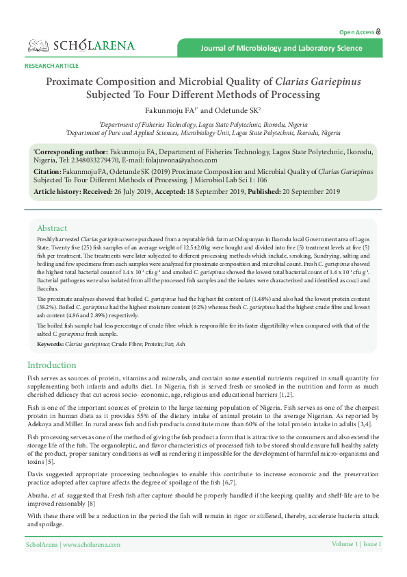 (PDF) Proximate Composition and Microbial Quality of Clarias Gariepinus ...