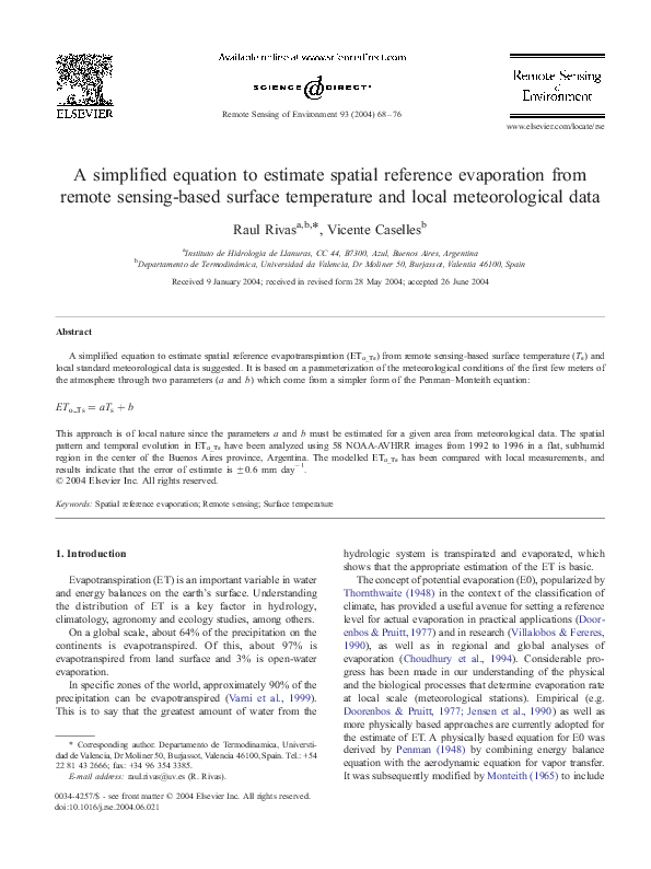 (PDF) A simplified equation to estimate spatial reference evaporation from remote sensing-based ...