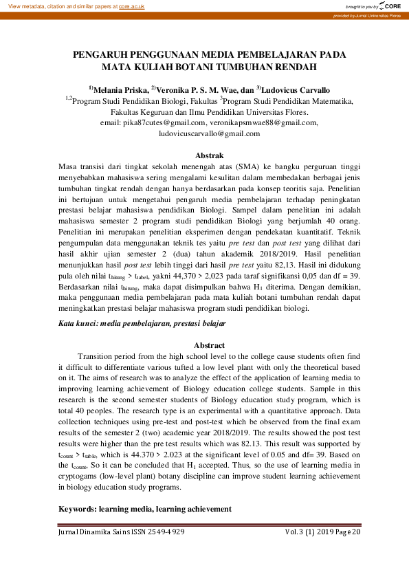 (PDF) Pengaruh Penggunaan Media Pembelajaran Pada Mata Kuliah Botani ... (PDF) Pengaruh Penggunaan Media Pembelajaran Pada Mata Kuliah Botani ...